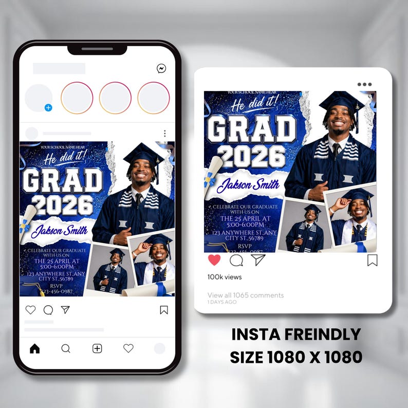 Graduation Flyer 2026 Blue Invitation Template, Canva Editable High ...