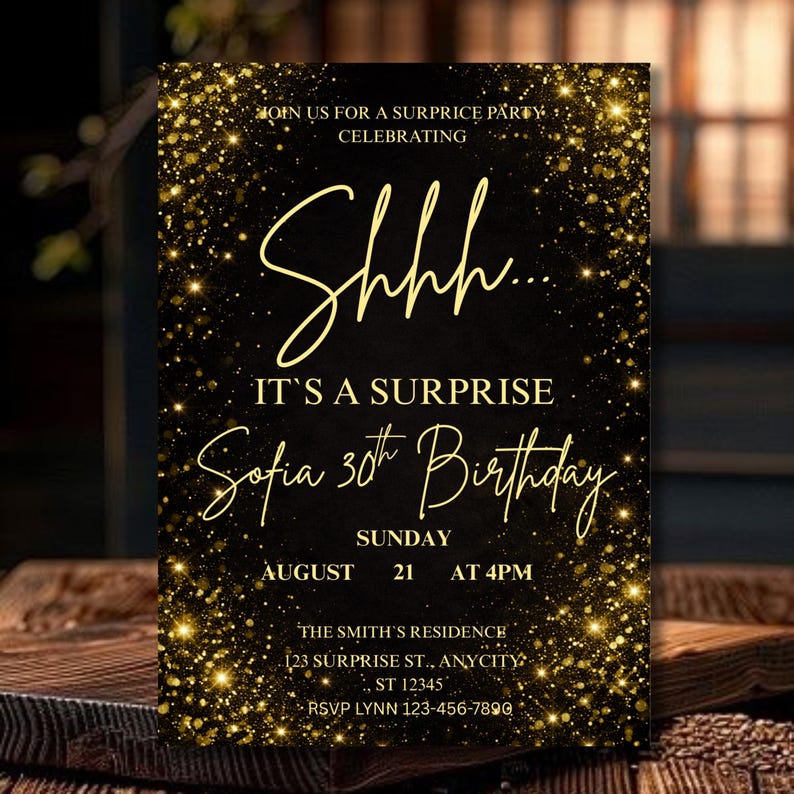 Editable Surprise Birthday Invitation, Black and Gold Glitter Birthday ...