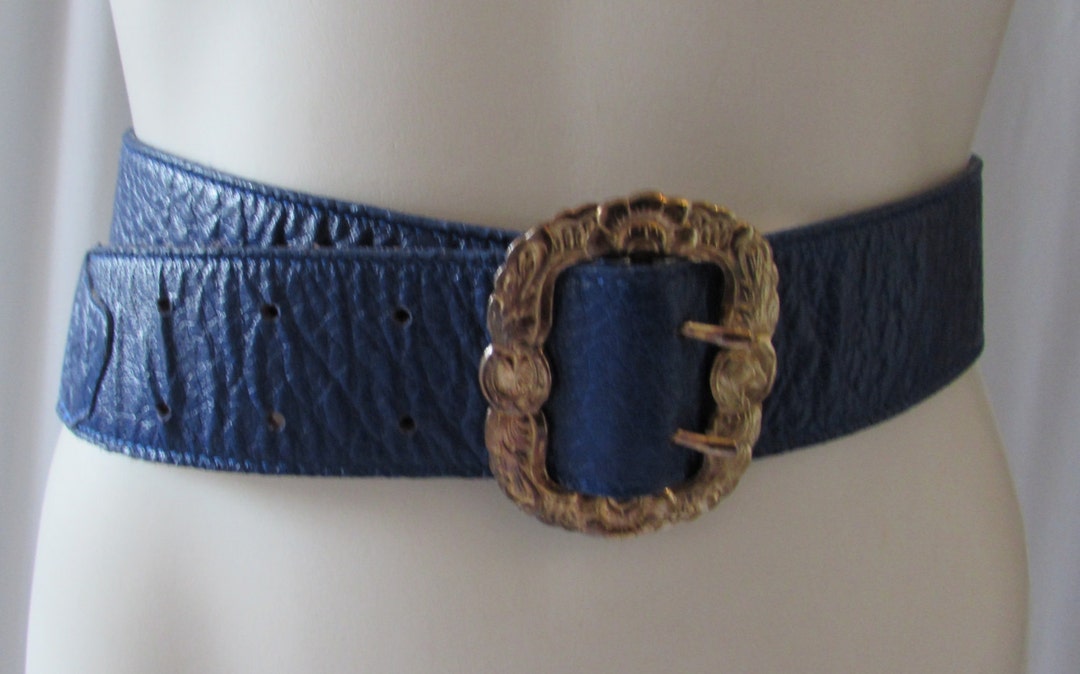Belt Carlos Falchi Blue Leather Belt: Equestrian Brass Buckle, Brazil ...