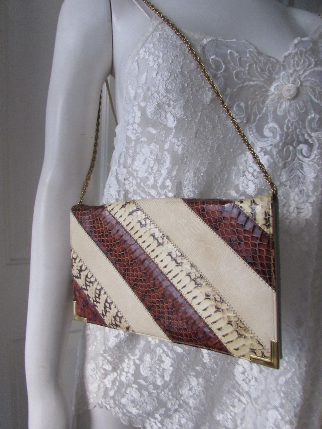Vintage 1960s Caprice Snakeskin Clutch Purse: Gold Chain Strap - Etsy