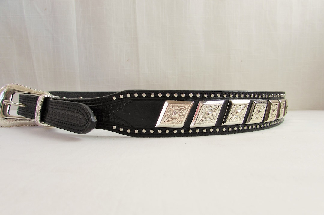Black Leather Belt Western/silver Buckle and Detail Size 36 Detachable ...