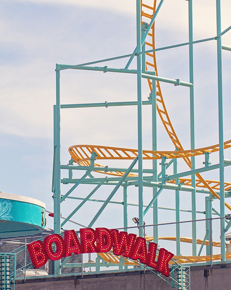 Retro Santa Cruz Boardwalk Sign, Teal and Yellow Roller Coaster Ride ...