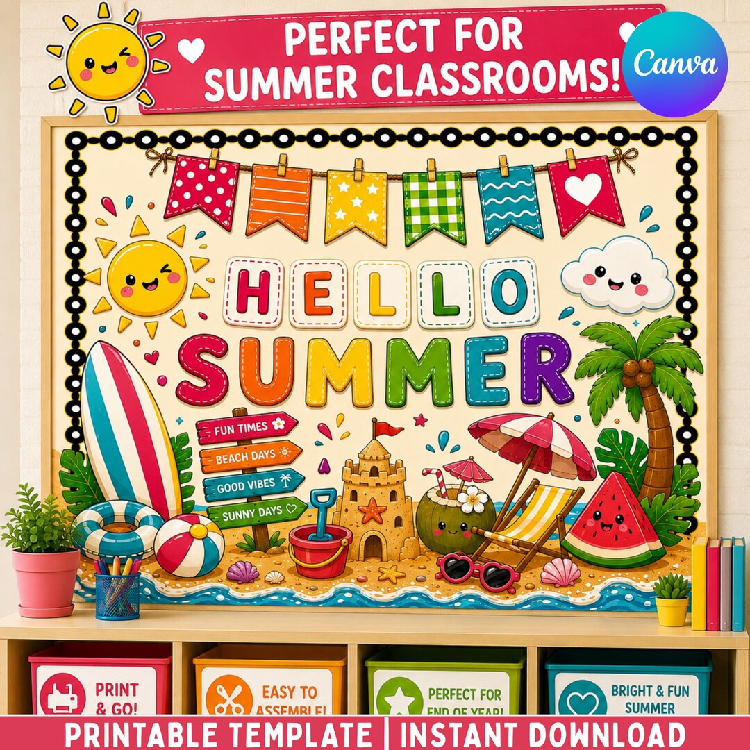 Hello Summer Bulletin Board Kit, Beach Classroom Decor, Printable ...