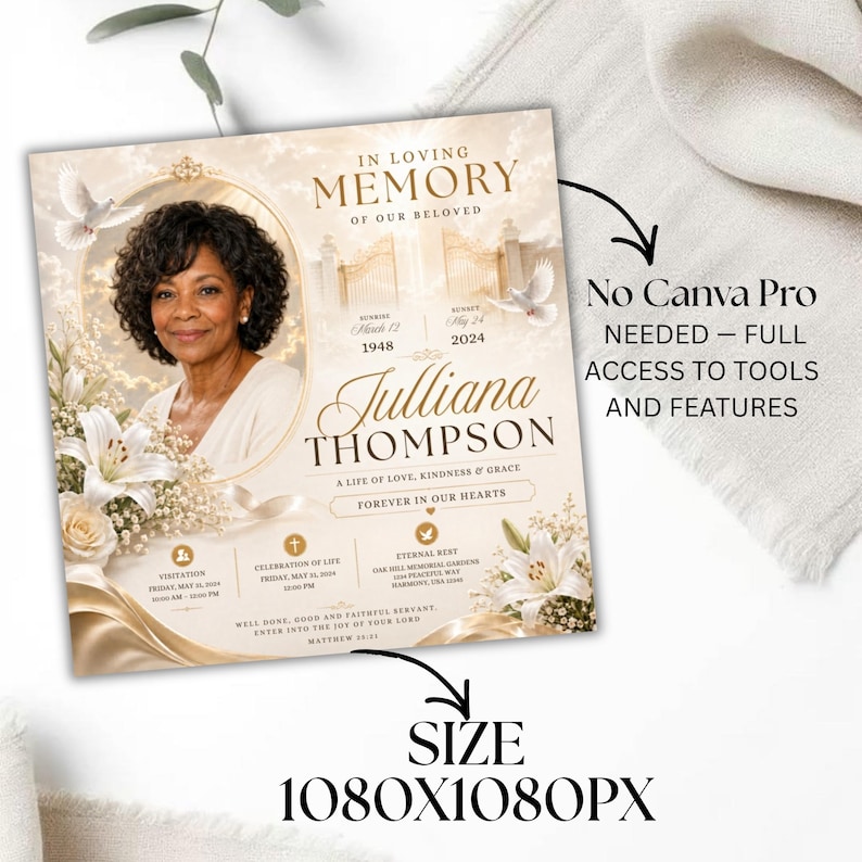 Funeral Flyer Template Canva Editable | Memorial Service Announcement ...