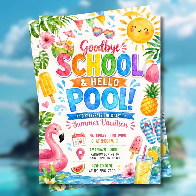 End of School Party Invitation, Schools Out Pool Party Invite, Hello ...