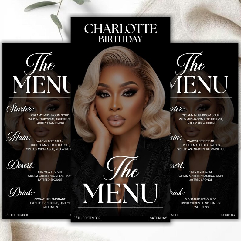 Luxury Birthday Dinner Menu Template, Glam Girl Editable Menu, Modern ...