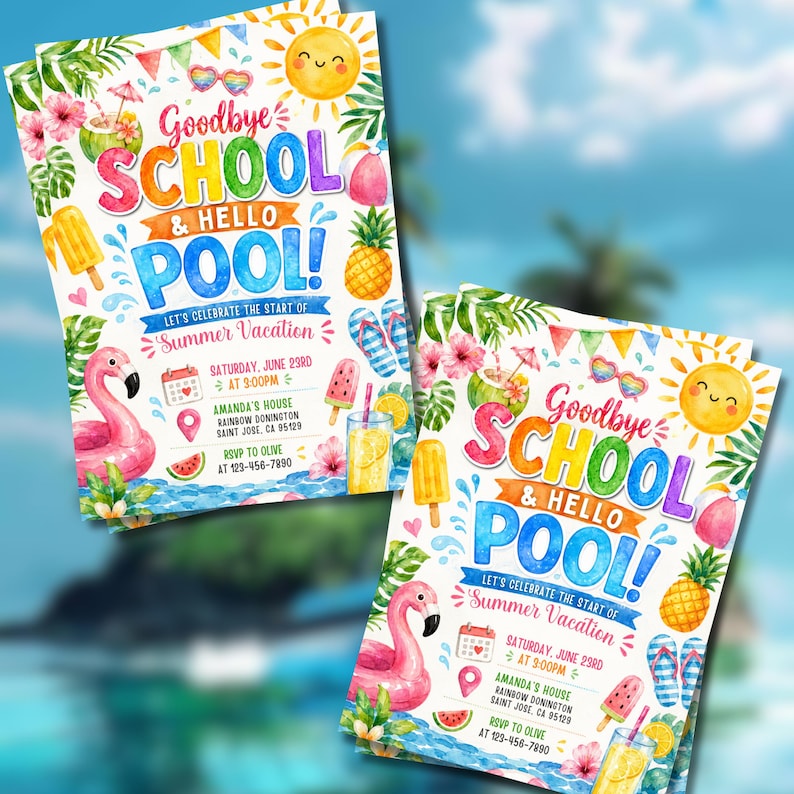 End of School Party Invitation, Schools Out Pool Party Invite, Hello ...