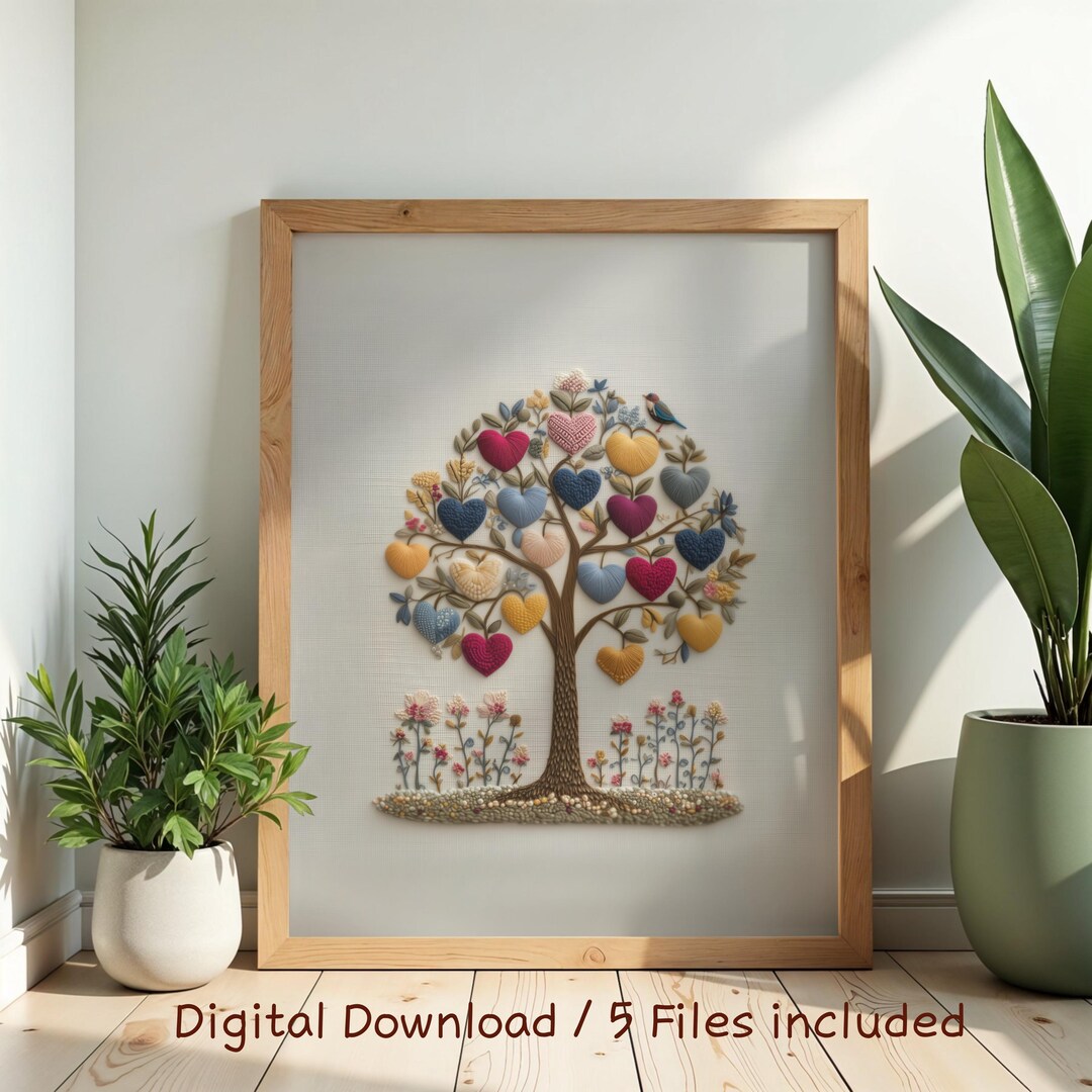 Heart Tree Embroidery Style Wall Art Digital Download Colorful Heart ...