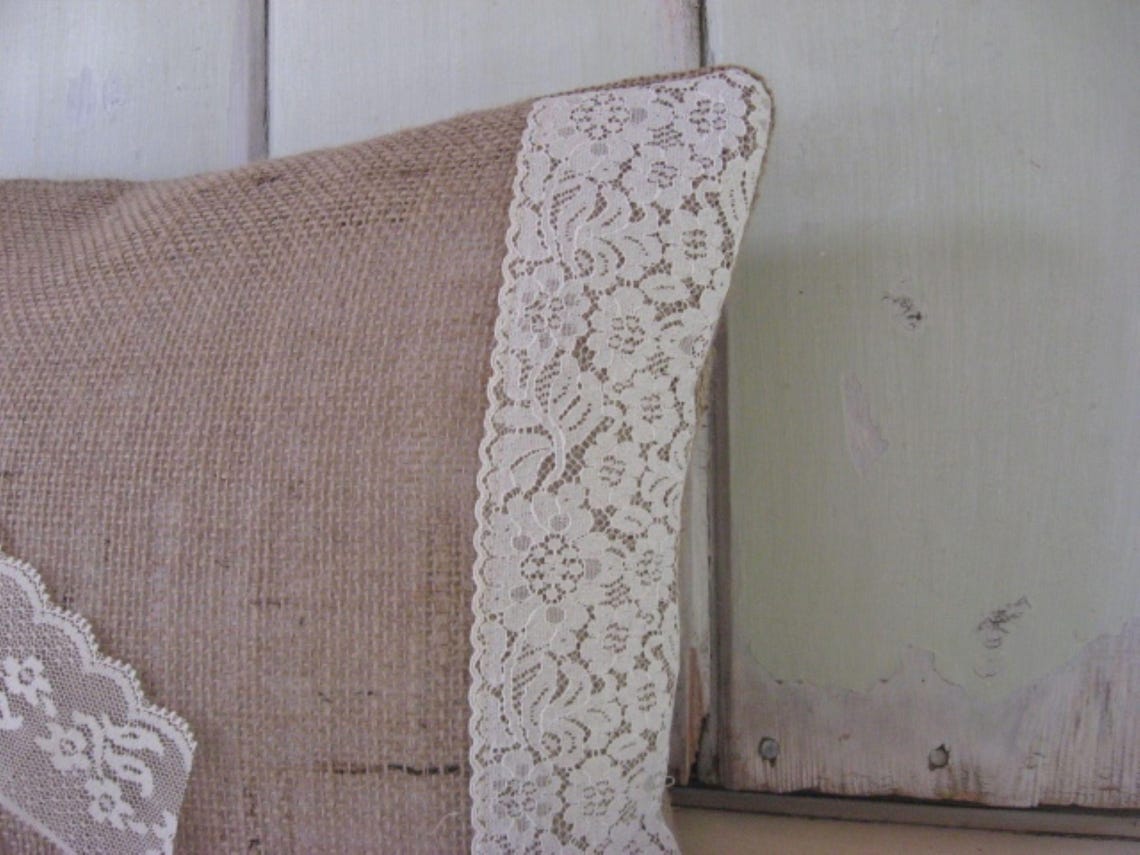 Burlap Pillow With Vintage Lace Flower: Rustic Home Decor (16x12) - Etsy