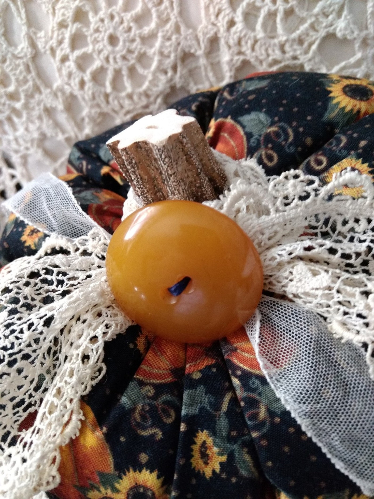 Sunflower Print Stuffed Pumpkin, Vintage Lace & Button Thanksgiving ...