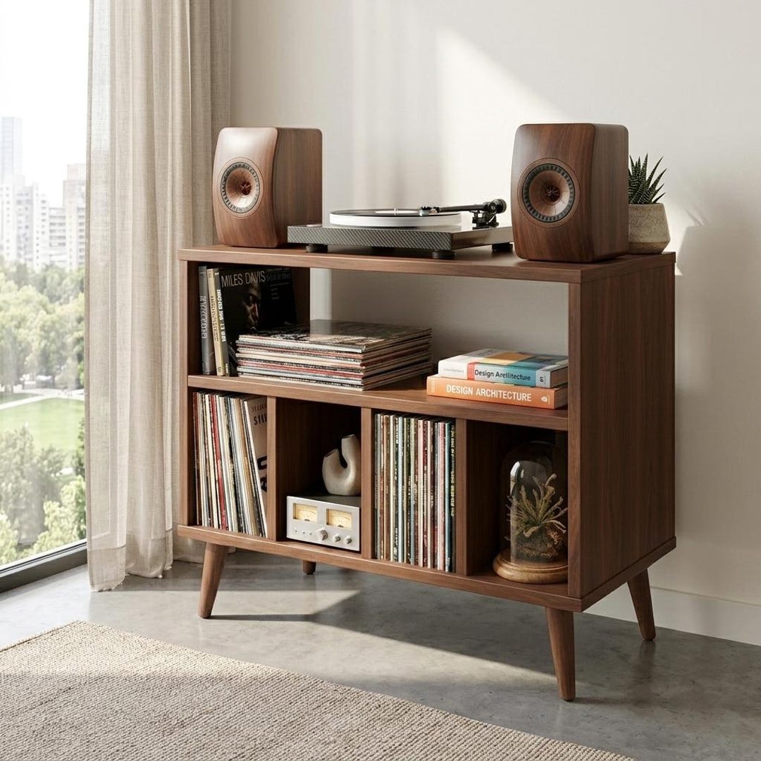 Mid Century Record Player Table With Vinyl Storage | Wooden Turntable ...