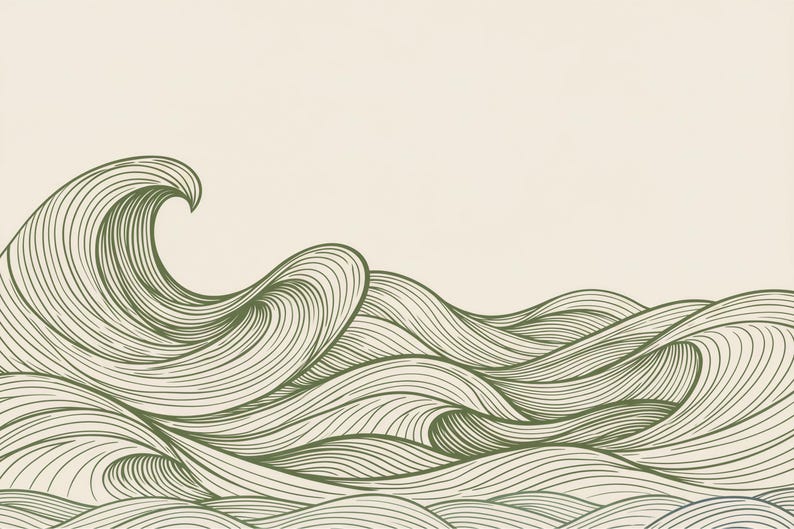 Japandi Wave Wall Art, Ocean Line Art Print, Abstract Green Wave Decor ...