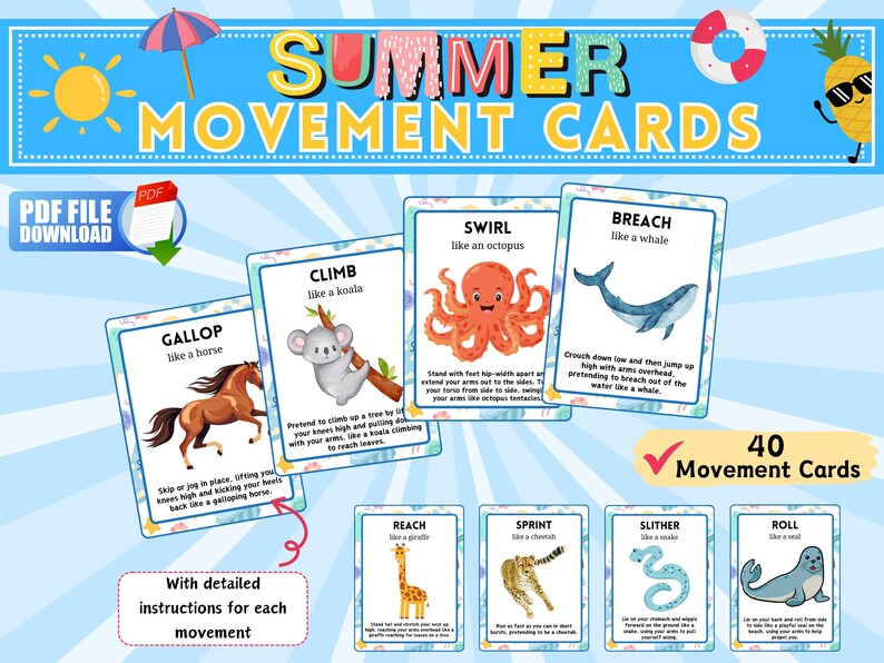 Summer Movement Cards Printable Kids Movement Activity Cards Classroom ...