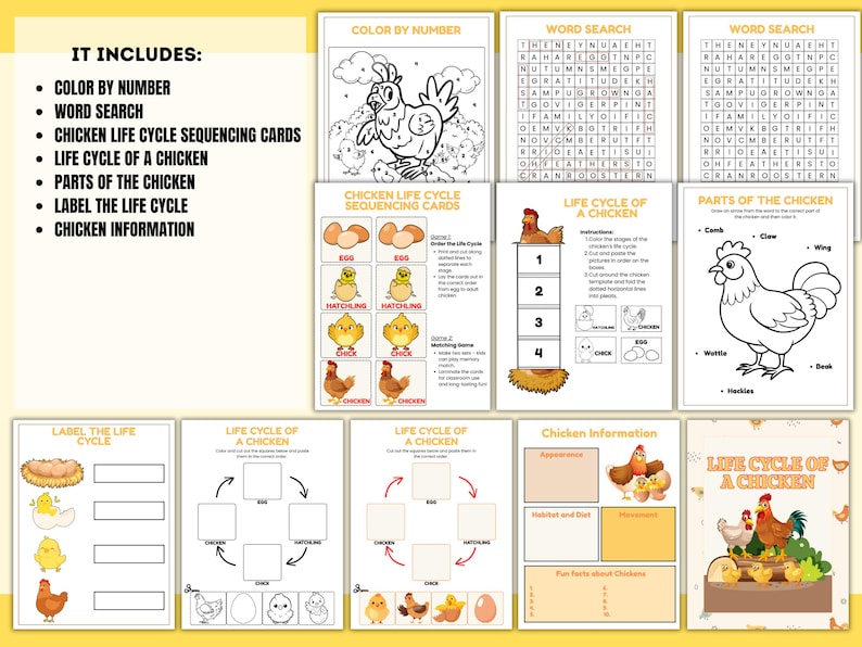 Life Cycle of a Chicken Printable Worksheets 11 Pages Homeschool ...