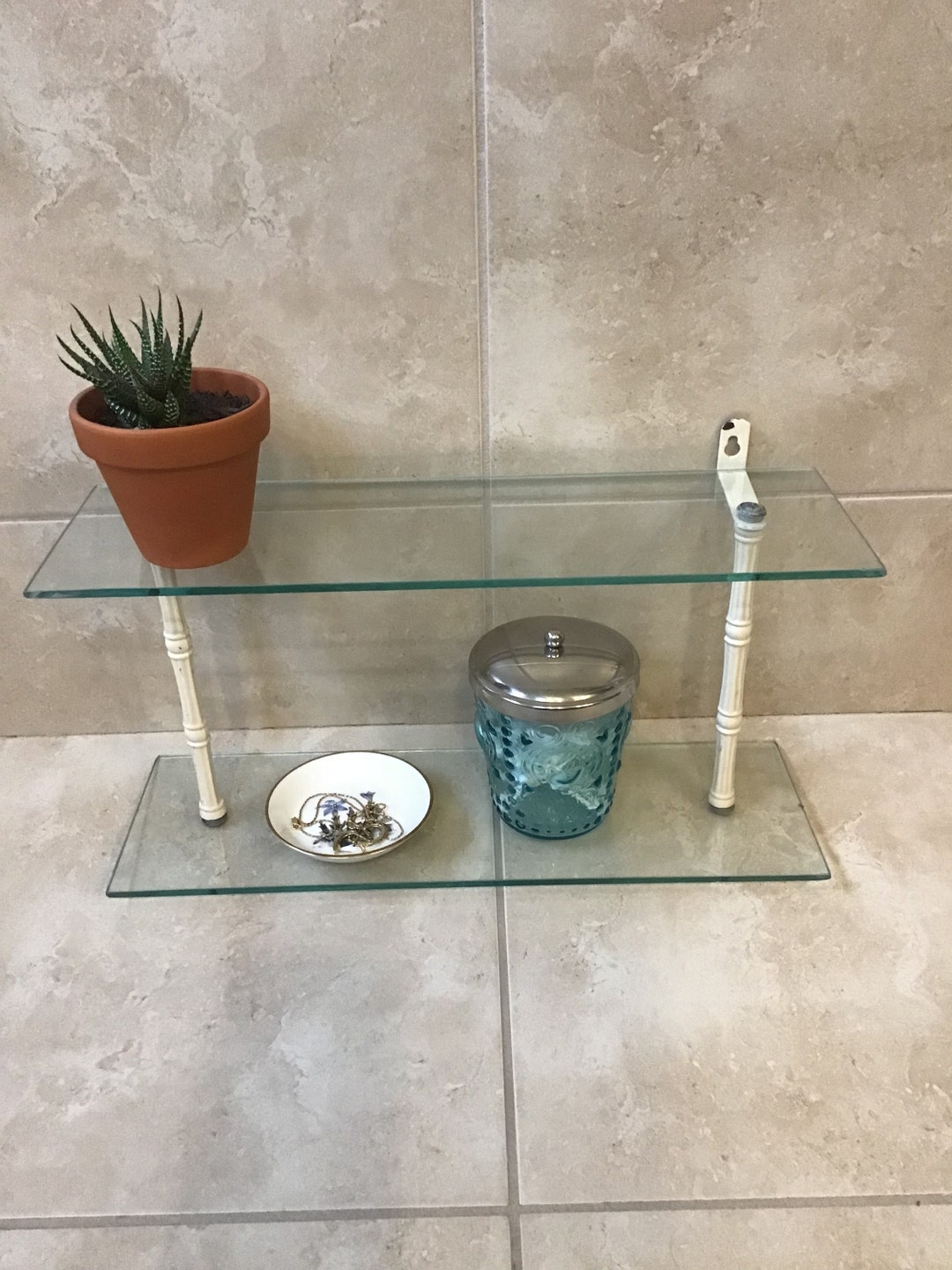 Vintage Wall Mount Two Glass Shelf Unit Vtg Floating Glass 2 Tiers Wall ...