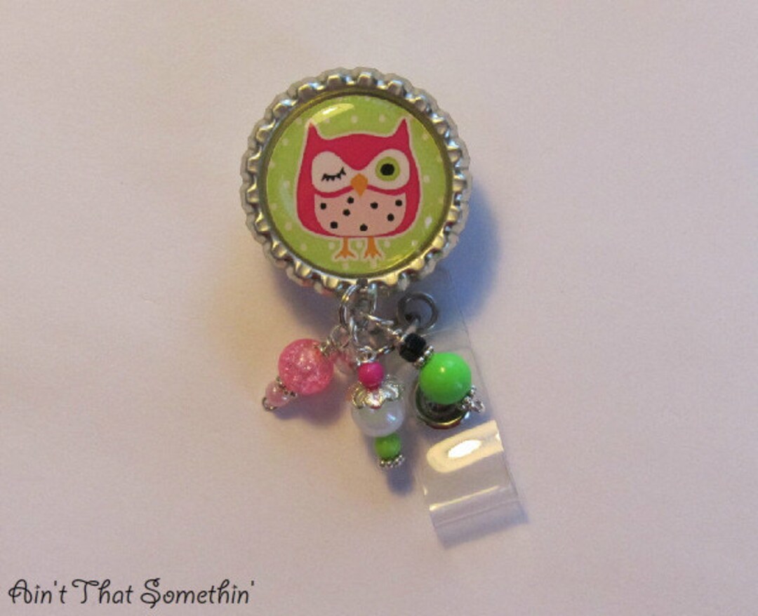 Brite Green With Pink Hoot Owl Retractable Badge Reel - Owl Badge Reel ...