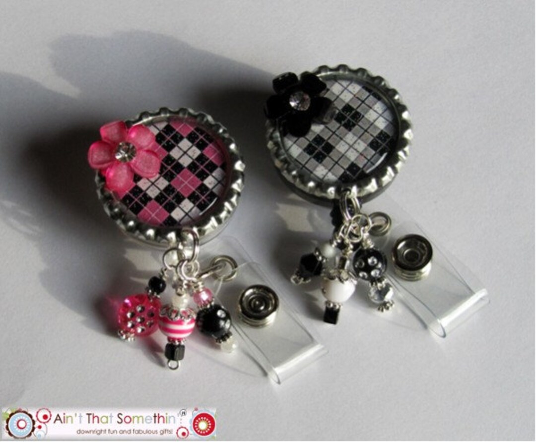 Pink and Black Argyle Retractable Badge Reels - Designer Badge Reel ...