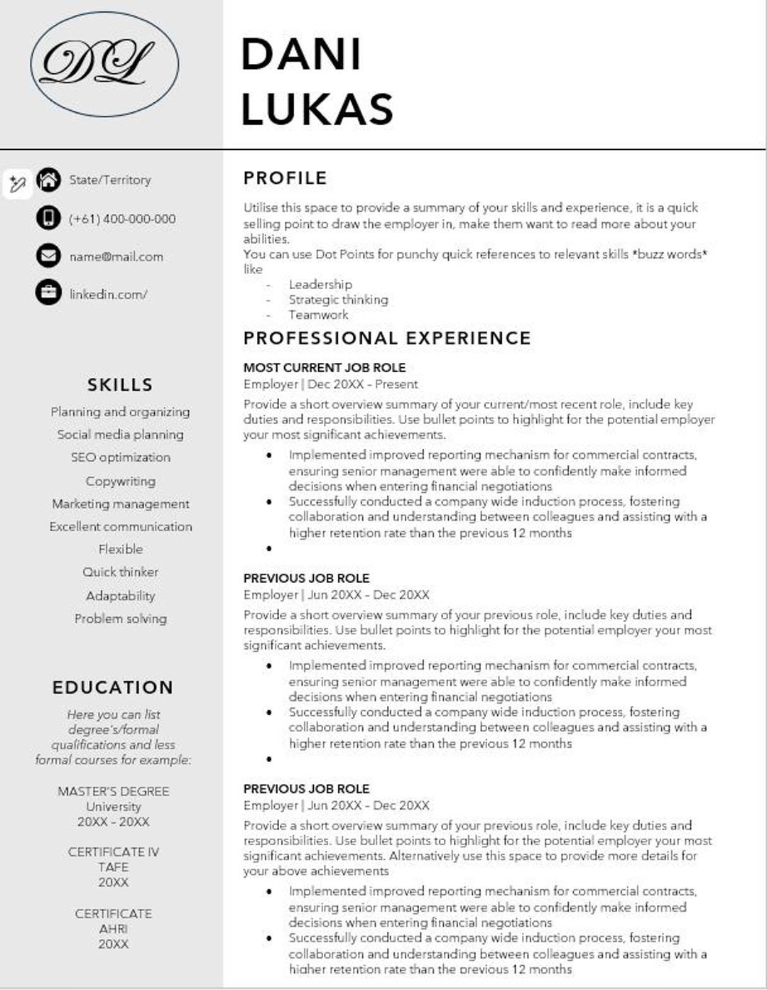 Professional 1 Page Resume Template - Easy to Use, Just Replace the ...