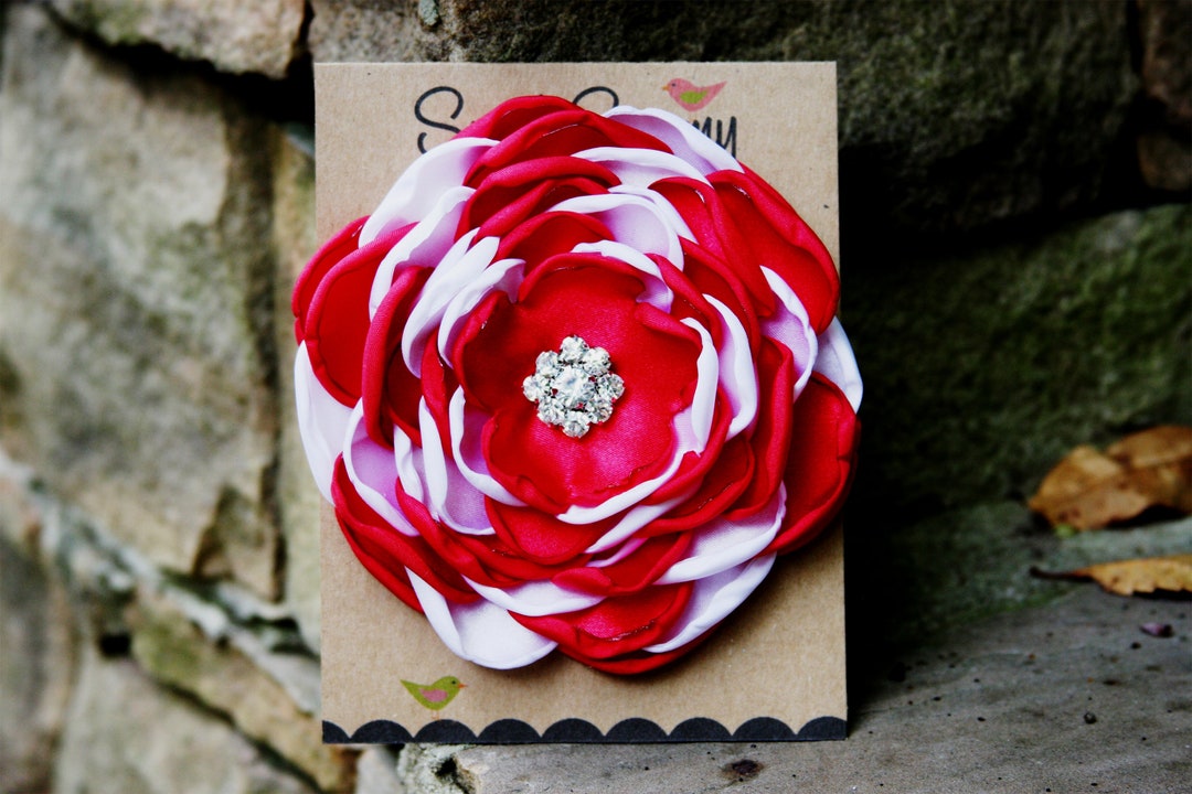 Red/white Satin Flower Pin, Large, 34 Colors Satin Flower Pin, Red and ...