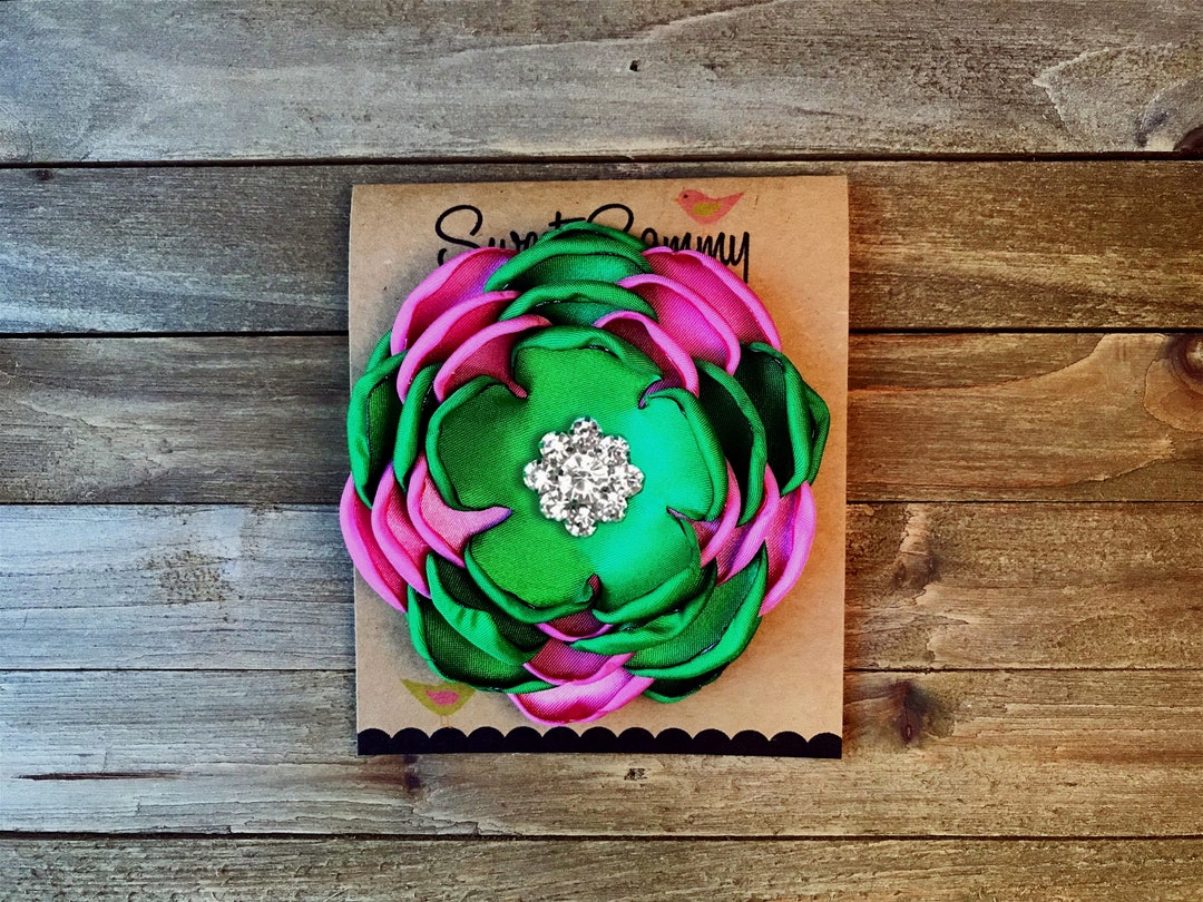 Medium Satin Flower Pin, Pink and Green Satin Flower Pin, AKA, Satin ...