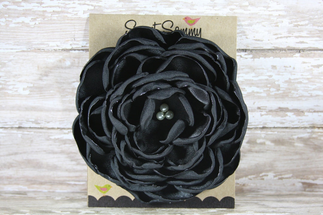 Black Satin Flower Pin, Large, 34 Colors Satin Flower Pin, Black Satin ...
