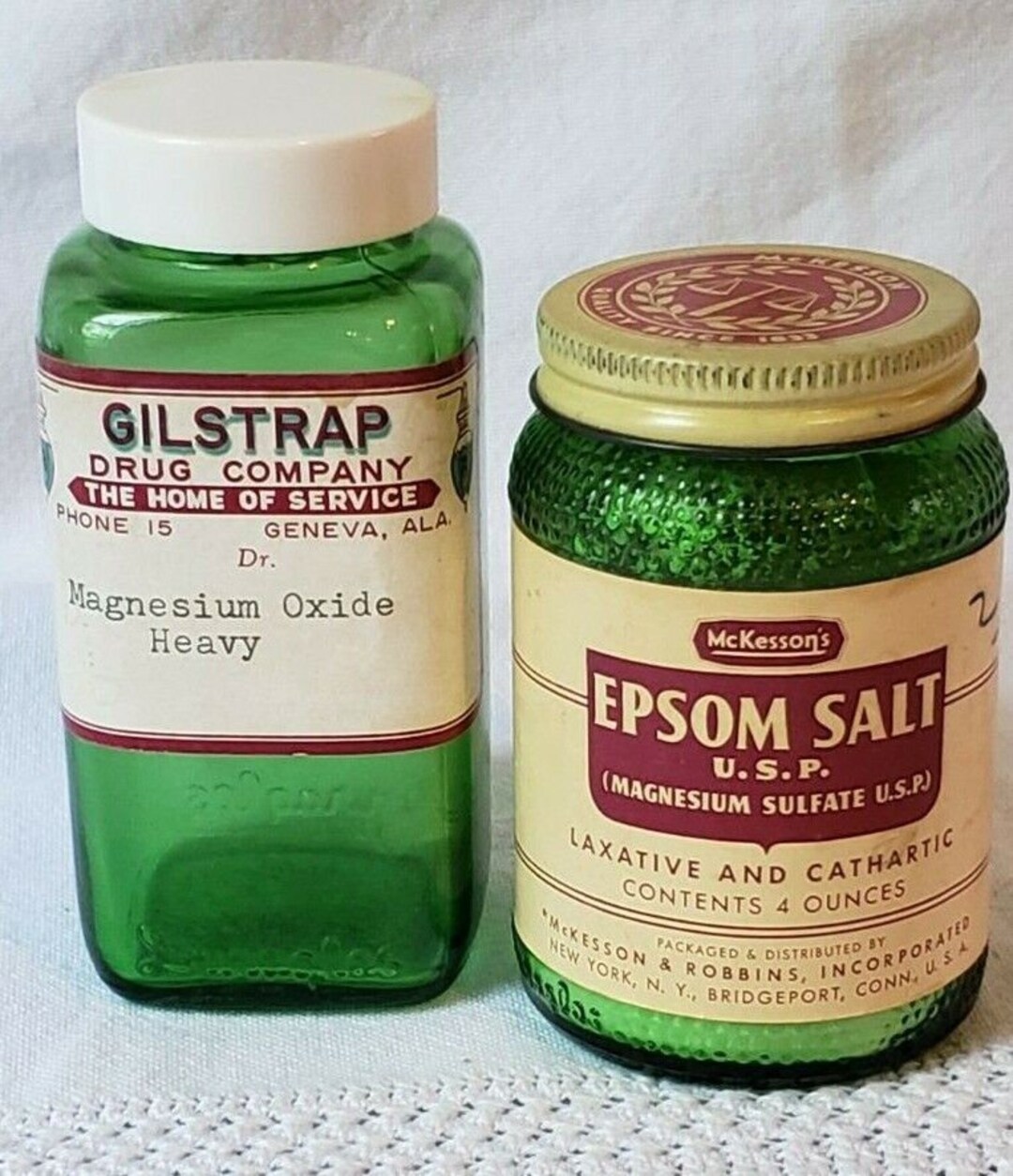 2 Green Antique Bottles Gilstrap MAGNESIUM OXIDE & Mckesson EPSOM Salt ...