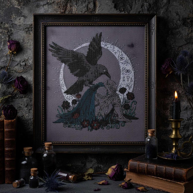 Mystical Raven Cross Stitch Pattern: Mourning Soul Moon Tarot Gothic ...