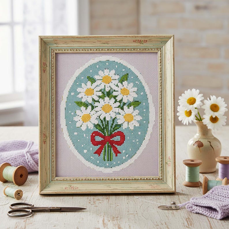 Daisy Bouquet Cross Stitch Pattern: Spring Floral Oval Embroidery (PDF ...