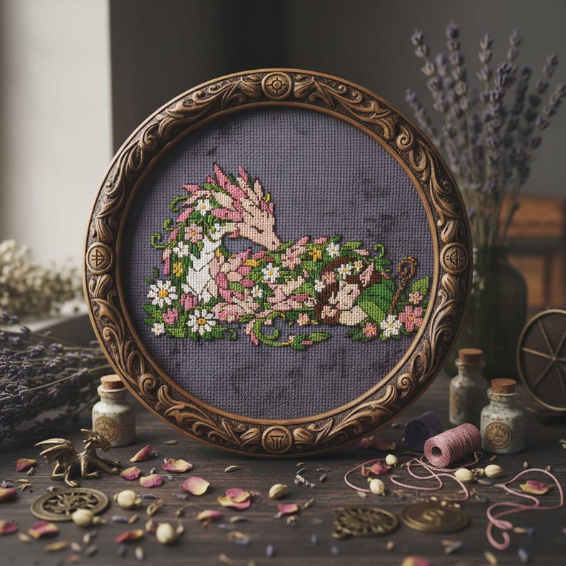 Magical Fantasy Cross Stitch Pattern: Gentle Flower Dragon Protecting ...