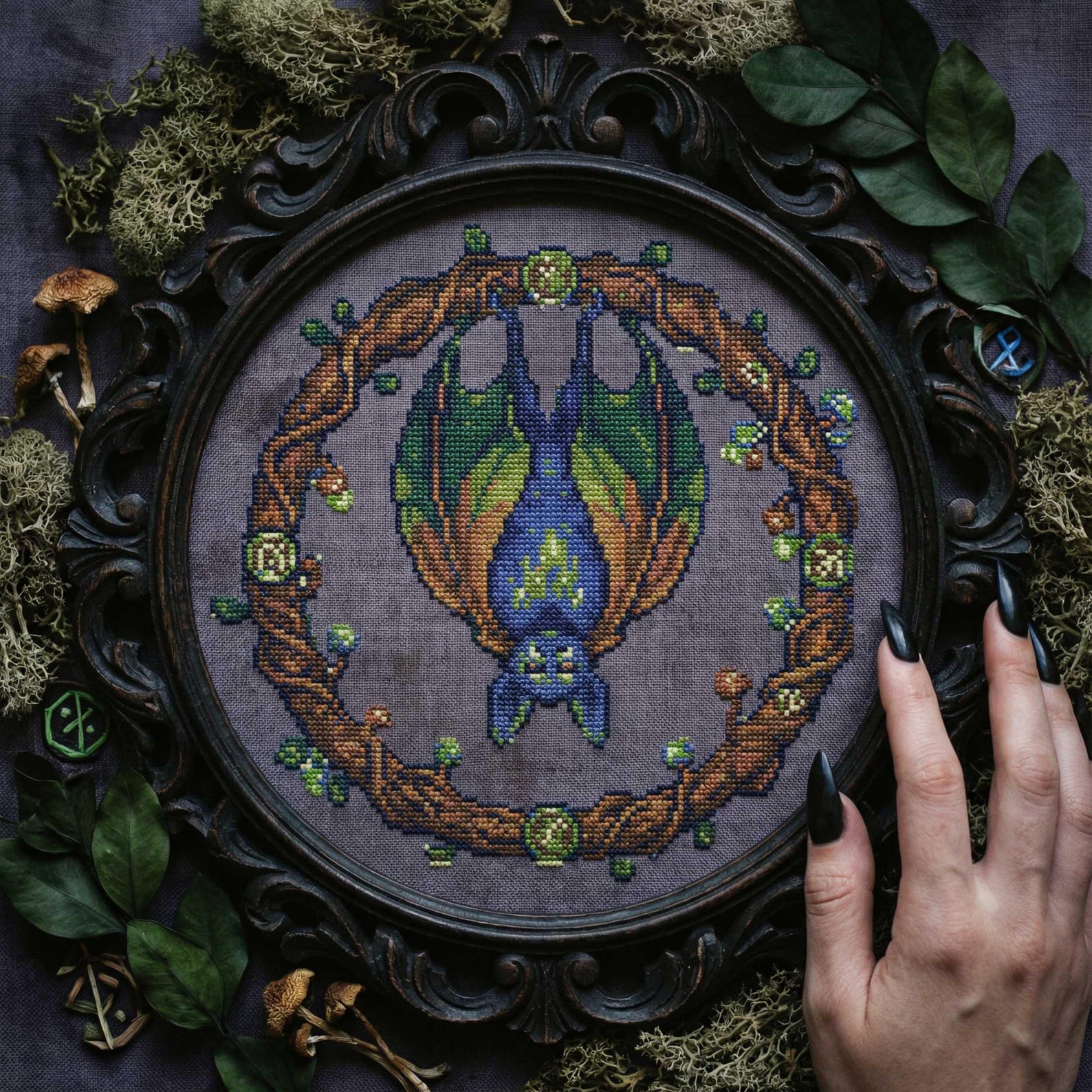 Mystical Nature Cross Stitch Pattern: Green Bat Familiar Woodland Tarot ...