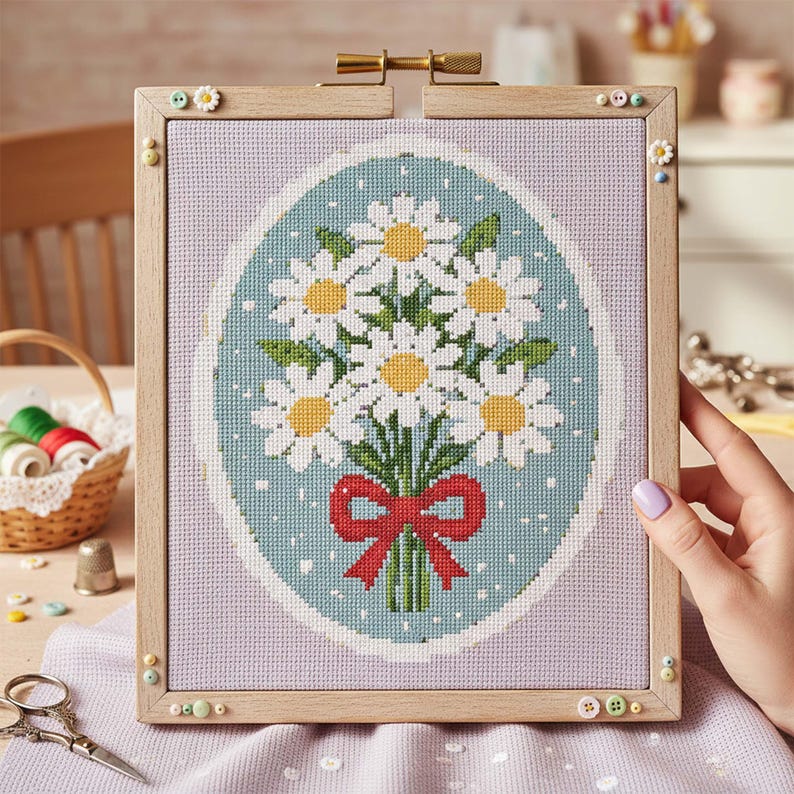 Daisy Bouquet Cross Stitch Pattern: Spring Floral Oval Embroidery (PDF ...