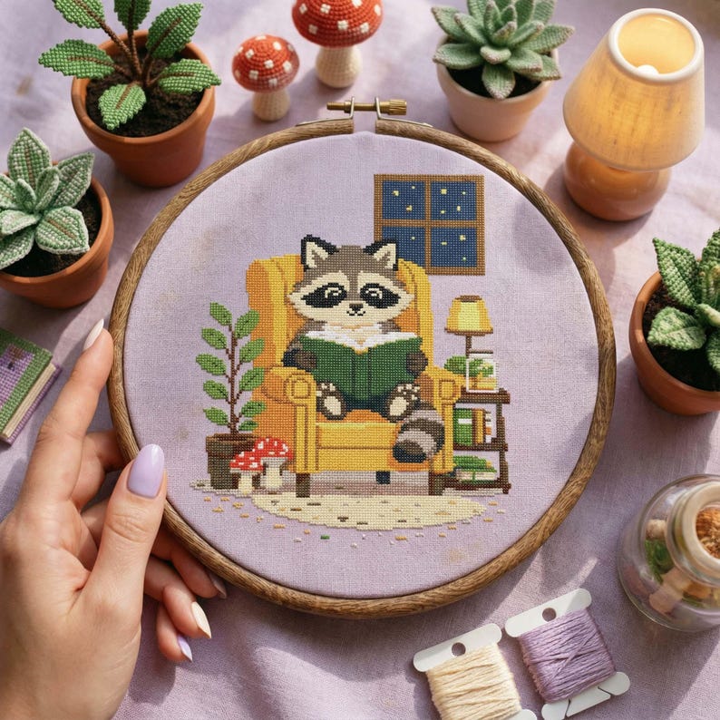 Raccoon Reading Cross Stitch Pattern: Kawaii Book Lover Raccoon ...
