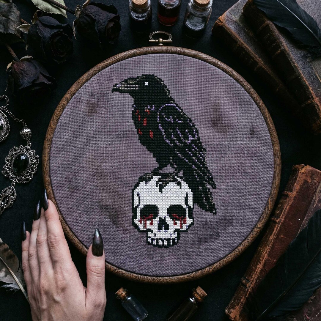 Gothic Raven Cross Stitch Pattern: Raven on Bloody Skull Dark ...
