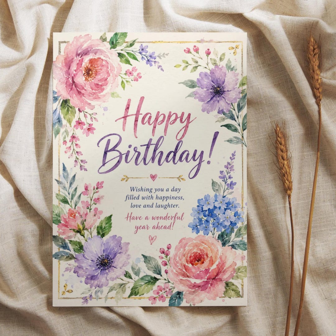 Pastel Floral Birthday Card, Watercolor Happy Birthday Greeting ...