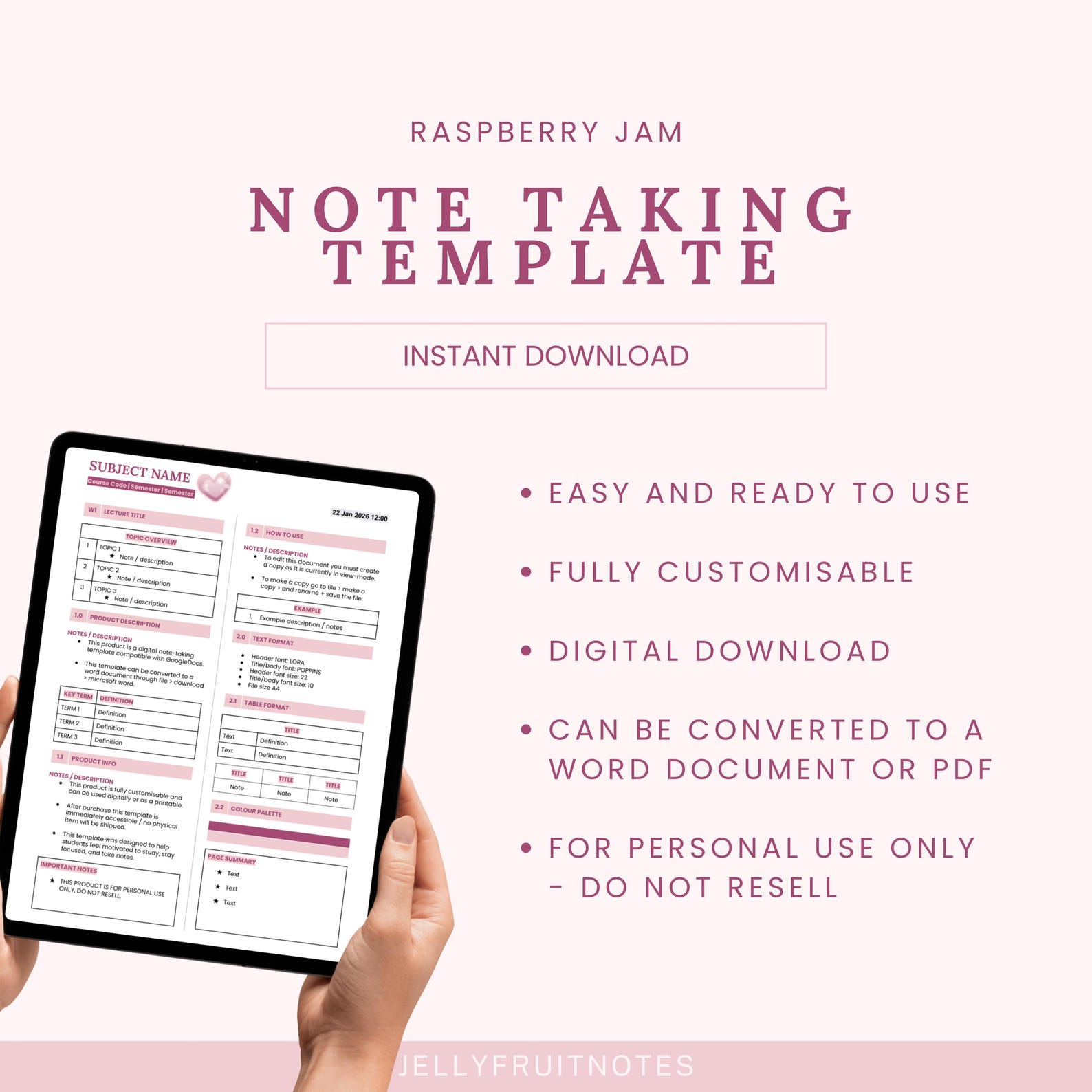 Academic Student Note Taking Template - Raspberry Jam - Etsy