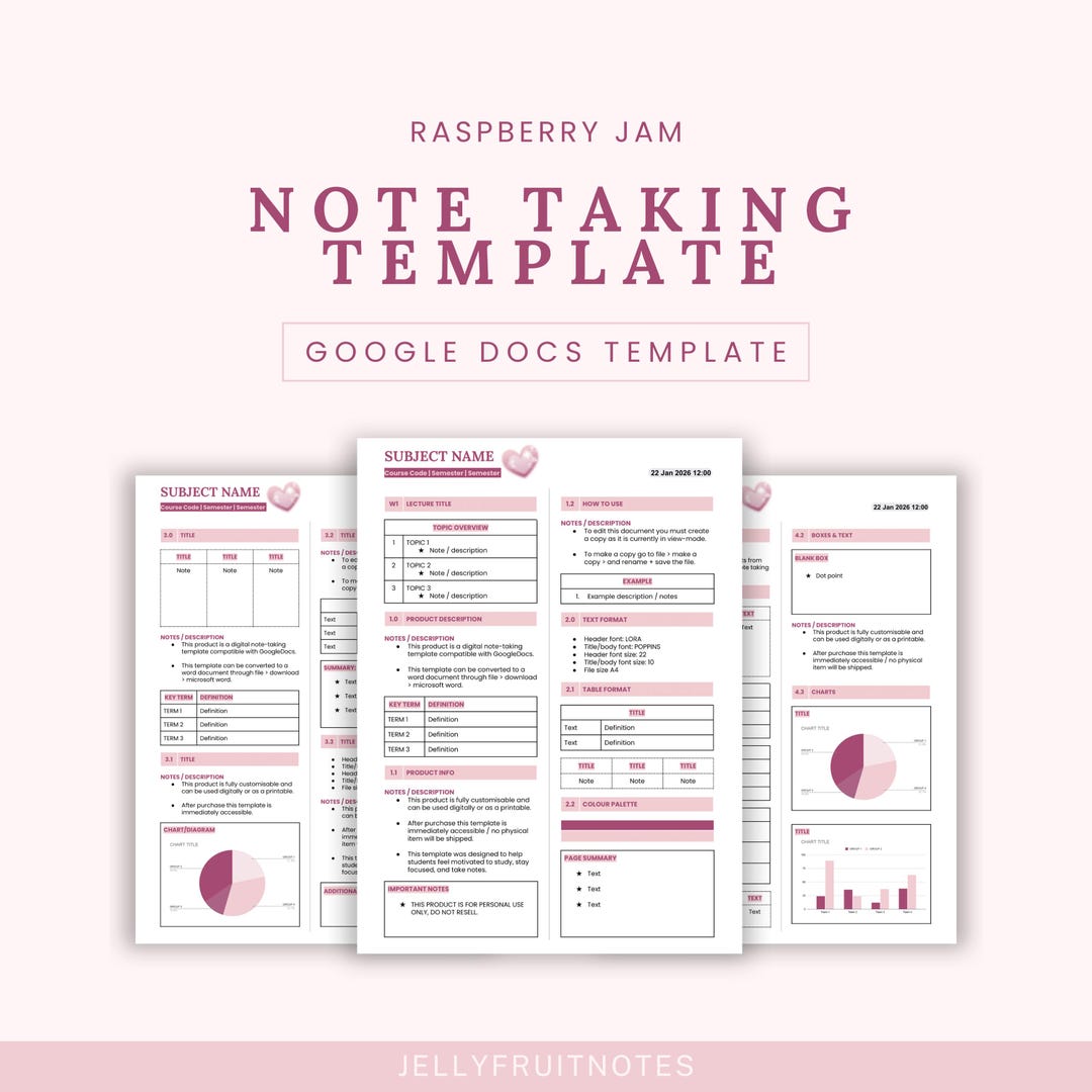Academic Student Note Taking Template - Raspberry Jam - Etsy