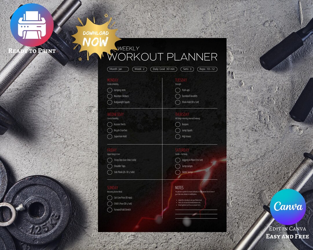 Weekly Workout Planner (editable Canva Template) – Fitness Organizer ...
