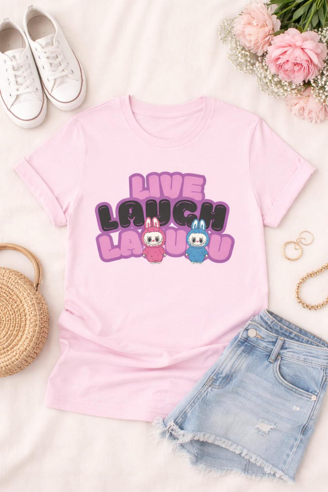Custom Live Laugh Labubu Tee: Bubbly Font & Adorable Labubu Icons - Etsy