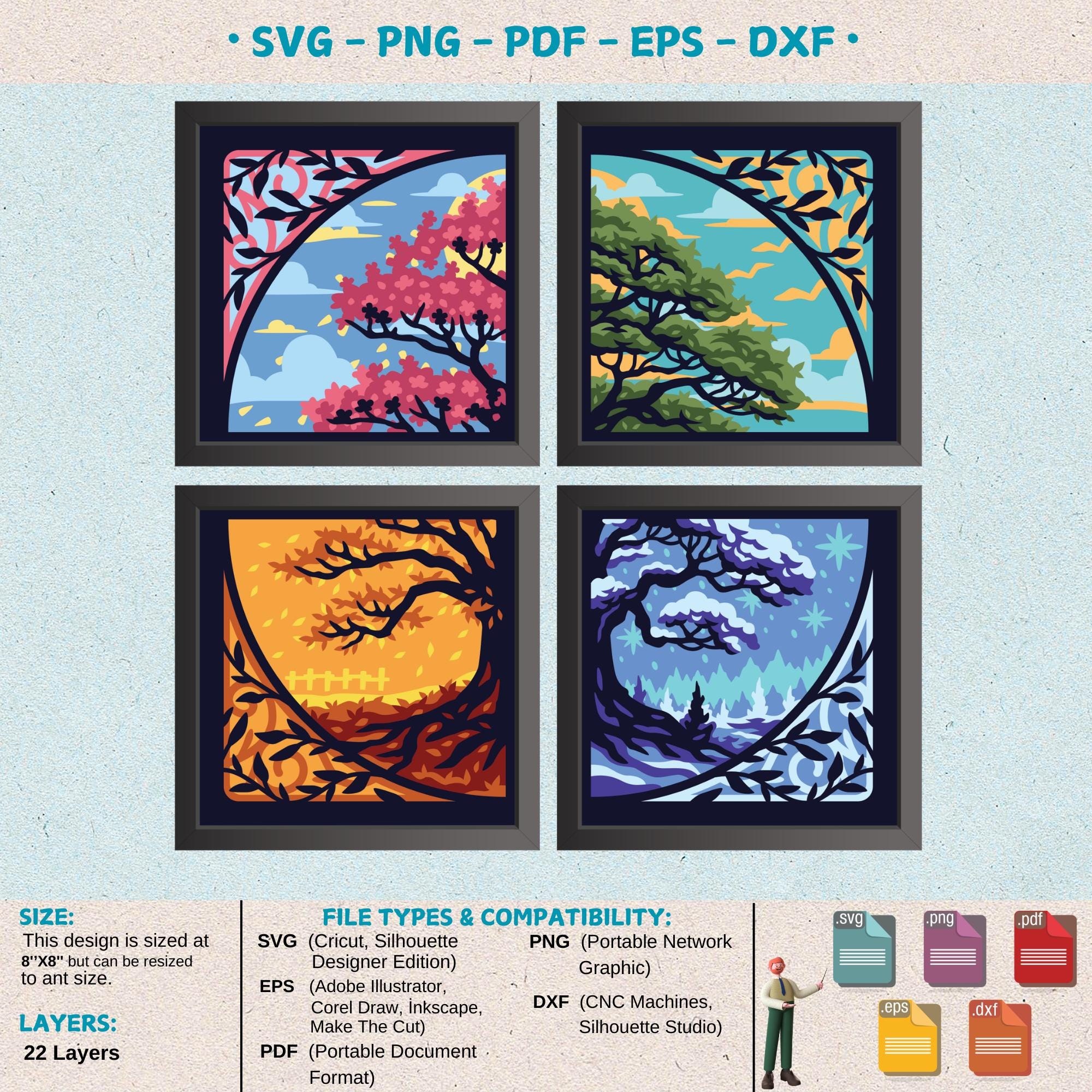 Four Seasons Tree 3D Shadow Box SVG, Layered Paper Cut File for Cricut ...
