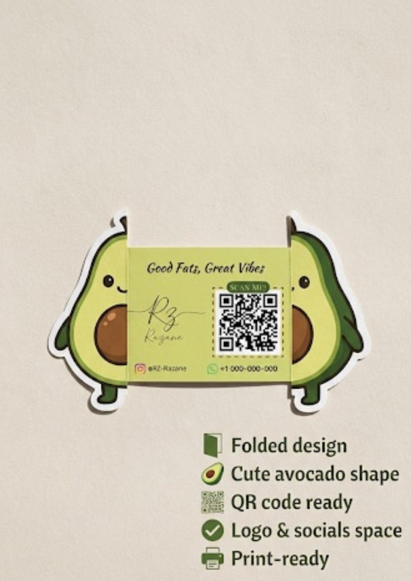Folded Avocado Business Card Template | Cute Shaped Business Card ...