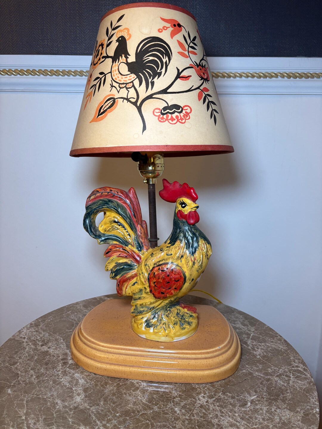 Vintage Rooster Table Lamp With Folk Art Shade, Farmhouse Kitchen Decor ...