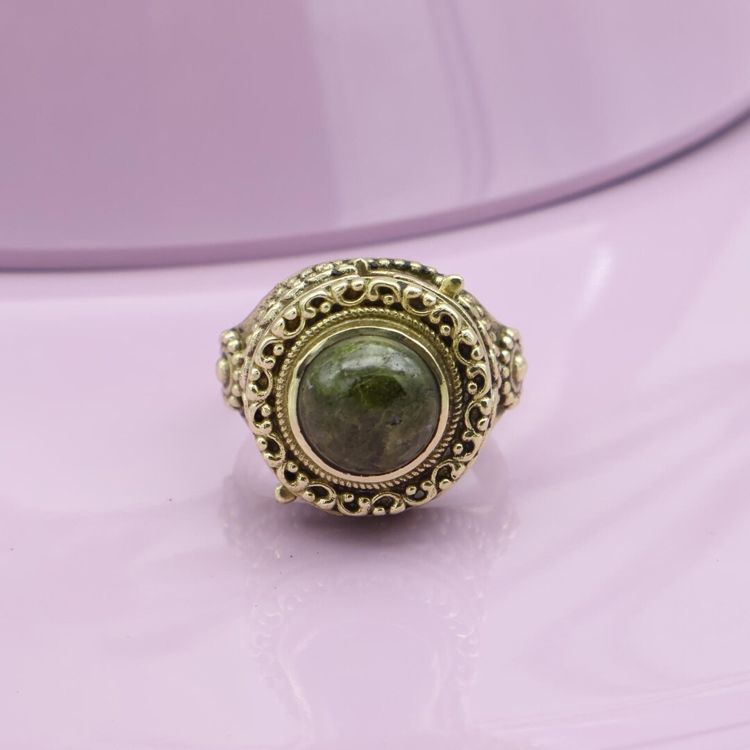 Vintage Green Stone Poison Box Ring in Antique Gold Finish | Handmade ...