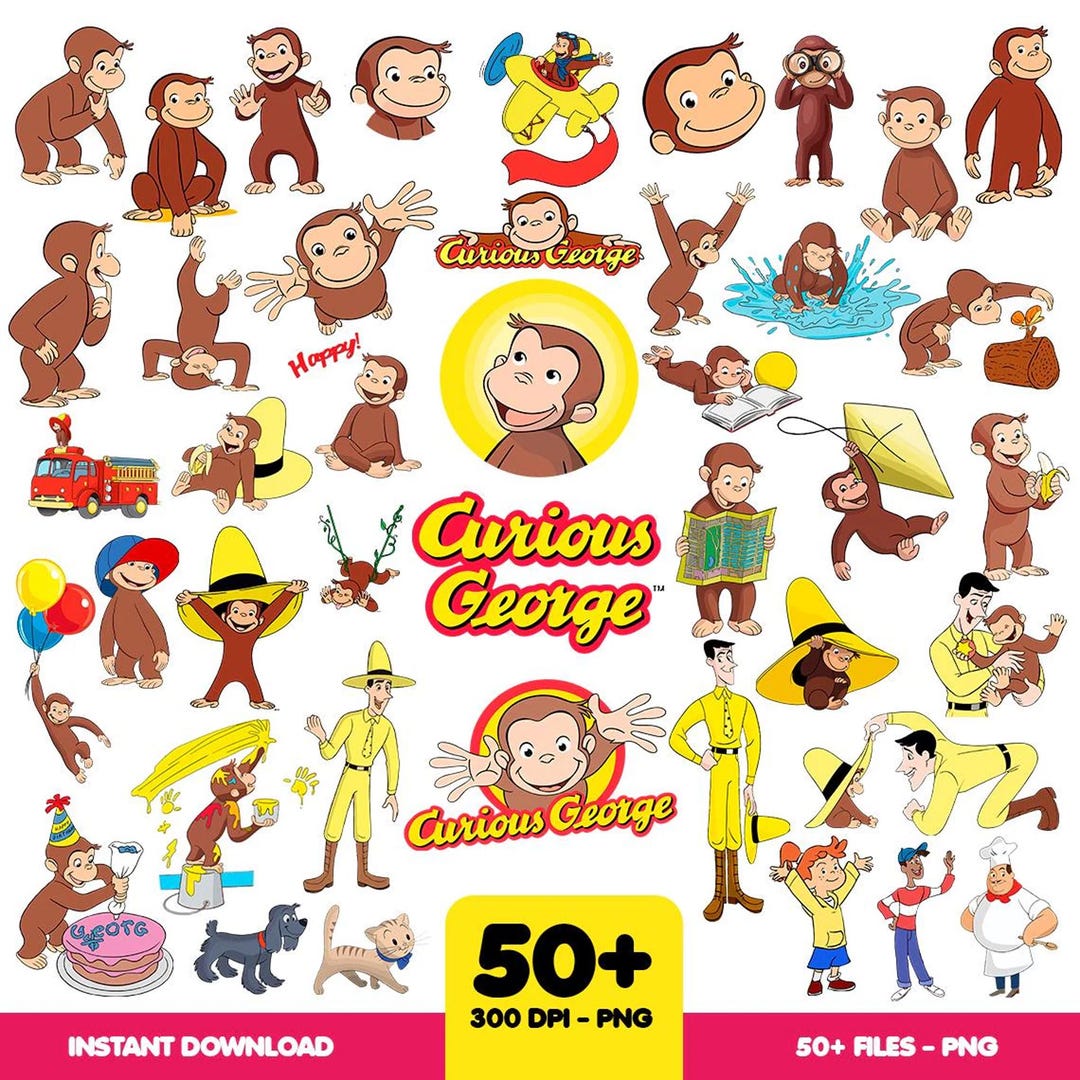 Curious George PNG Clipart Bundle: 50+ Monkey Graphics (digital ...