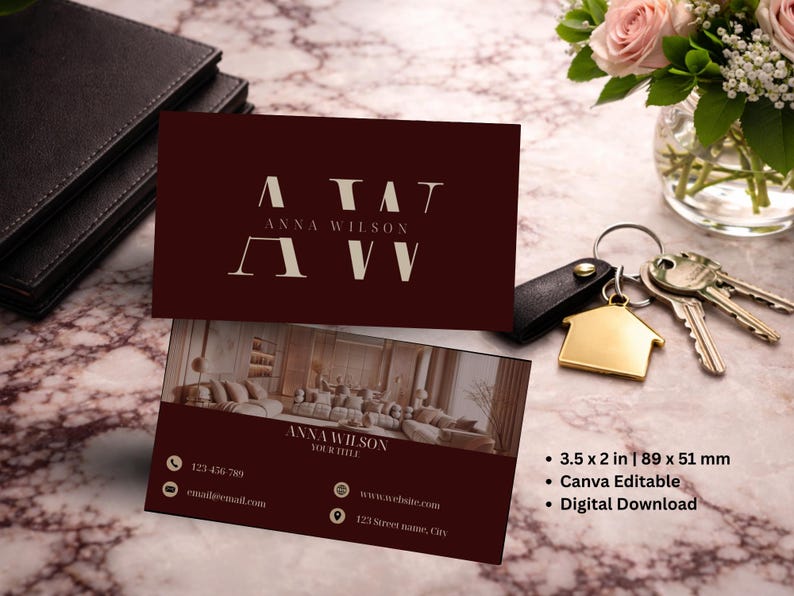 Luxury Real Estate Business Card Template | Burgundy & Gold | Canva ...