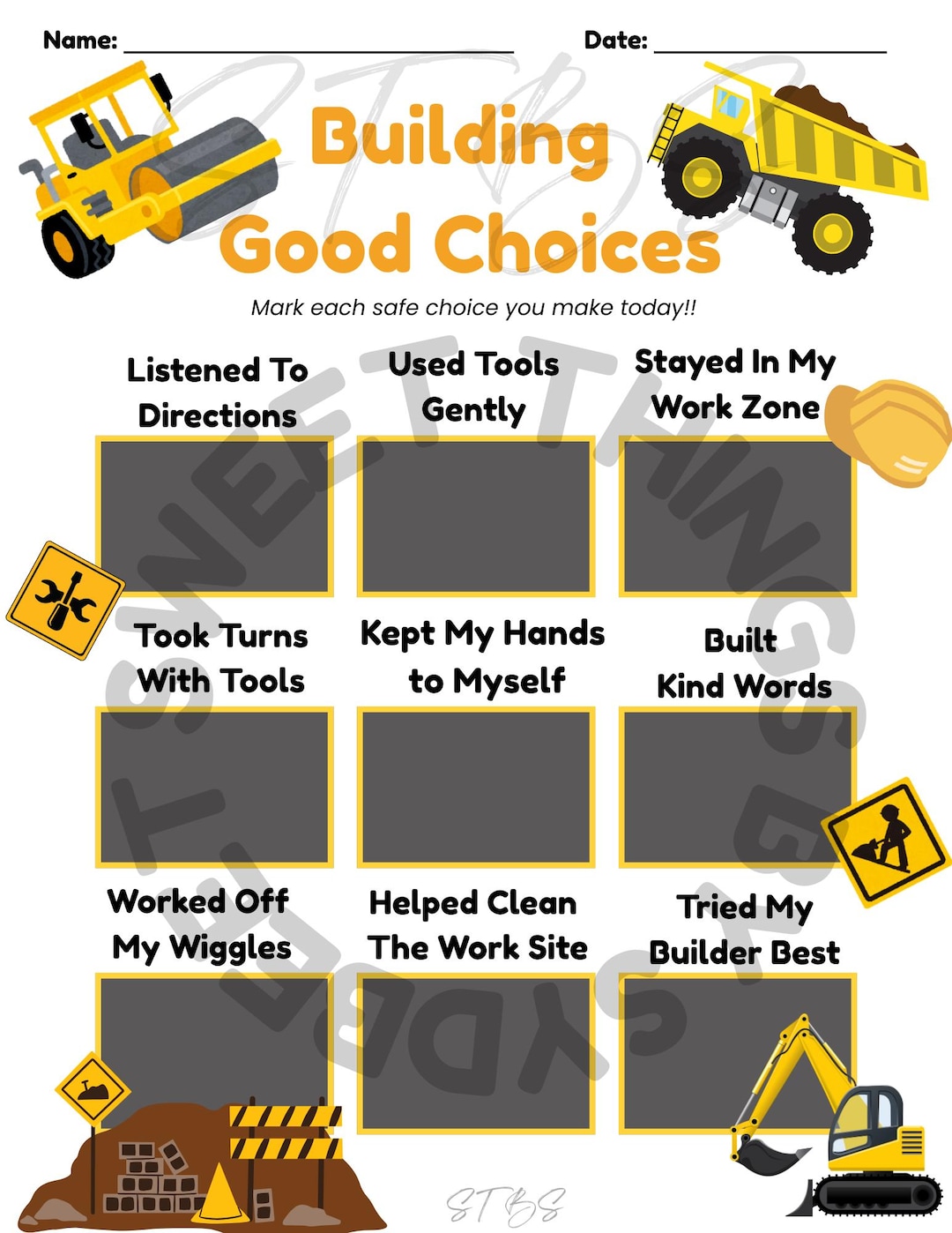 Construction Behavior Chart for Toddlers | Printable Reward System ...