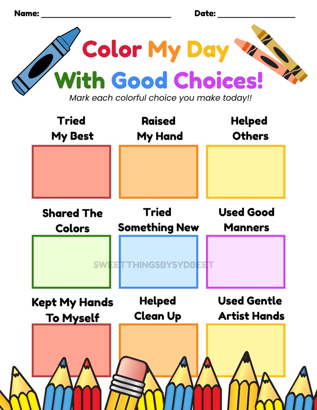 Crayon Behavior Chart for Kids | Printable Positive Choices Chart ...