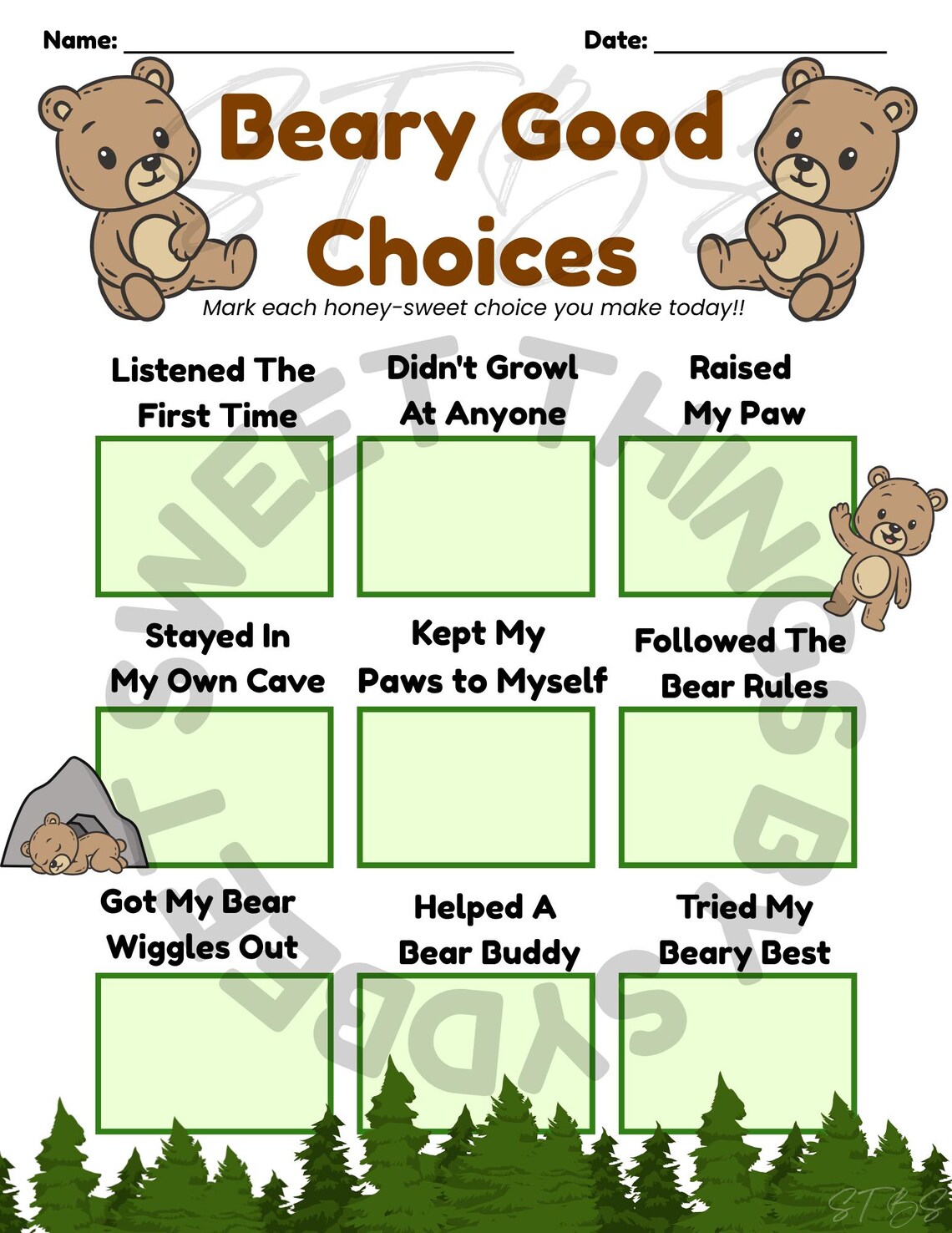 Bear Behavior Chart for Kids | Printable Positive Choices Chart ...