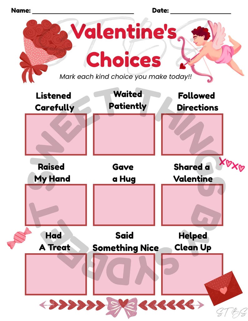 Valentine's Day Behavior Chart for Kids | Printable Positive Choices ...
