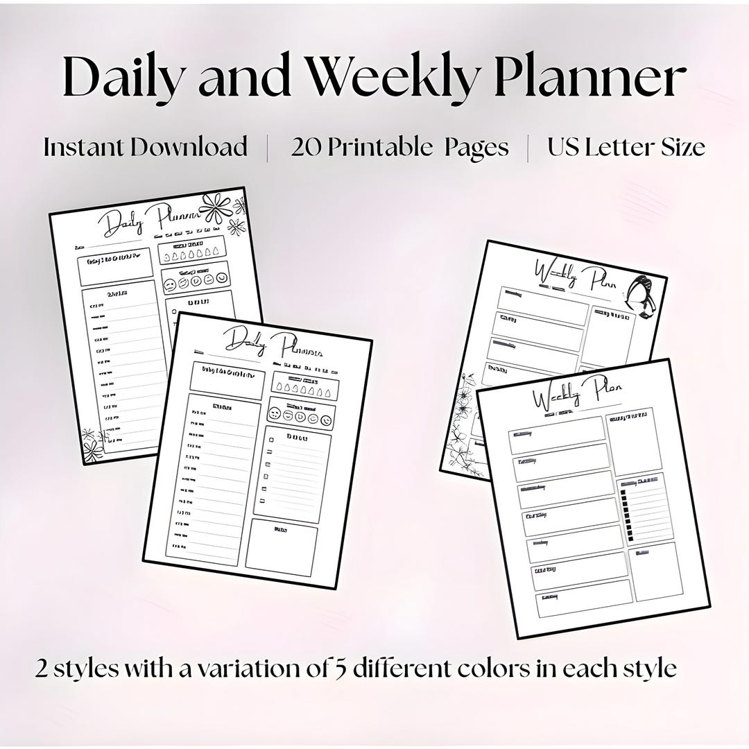 Daily Weekly Planner Bundle Printable PDF Five Themes Water Tracker ...