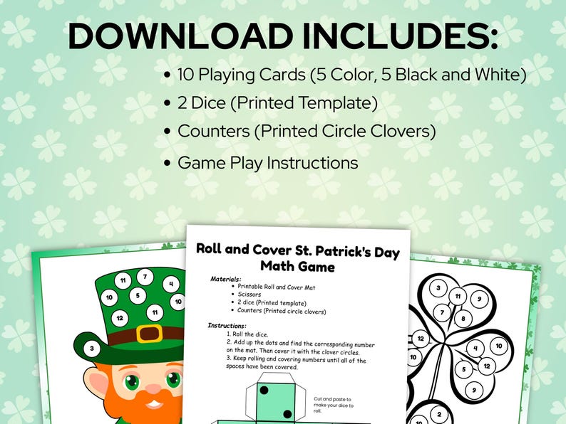St. Patrick’s Day Roll and Cover Math Game for Kids, Printable Dice ...